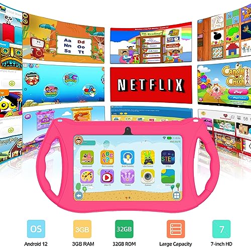 RliyOliy Kids Tablet, 7 inch Android 12 Tablet for Kids, 3GB RAM 32GB ROM Toddler Tablet with Bluetooth, WiFi, GMS, Parental Control, Dual Camera, Educational, Games(Pink)