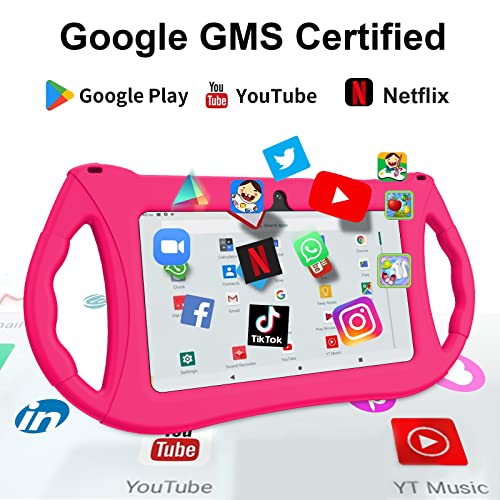 RliyOliy Kids Tablet, 7 inch Android 12 Tablet for Kids, 3GB RAM 32GB ROM Toddler Tablet with Bluetooth, WiFi, GMS, Parental Control, Dual Camera, Educational, Games(Pink)