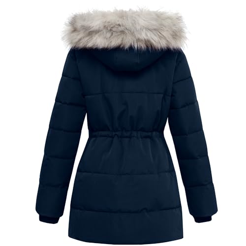 poonyfesh Women's Winter Hooded Coat Waterproof Down Long Jacket Warm Parka Thicken Puffer Coat with Removable Fur Hood Navy 3XL