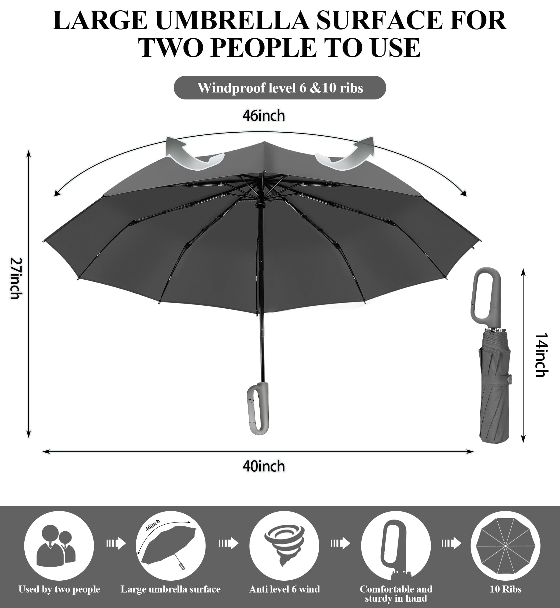TUMAAOTU Compact Travel Umbrella, Grey, 14 in Length, 40 in Diameter, 10 Fiberglass Ribs, Waterproof, Easy to Carry