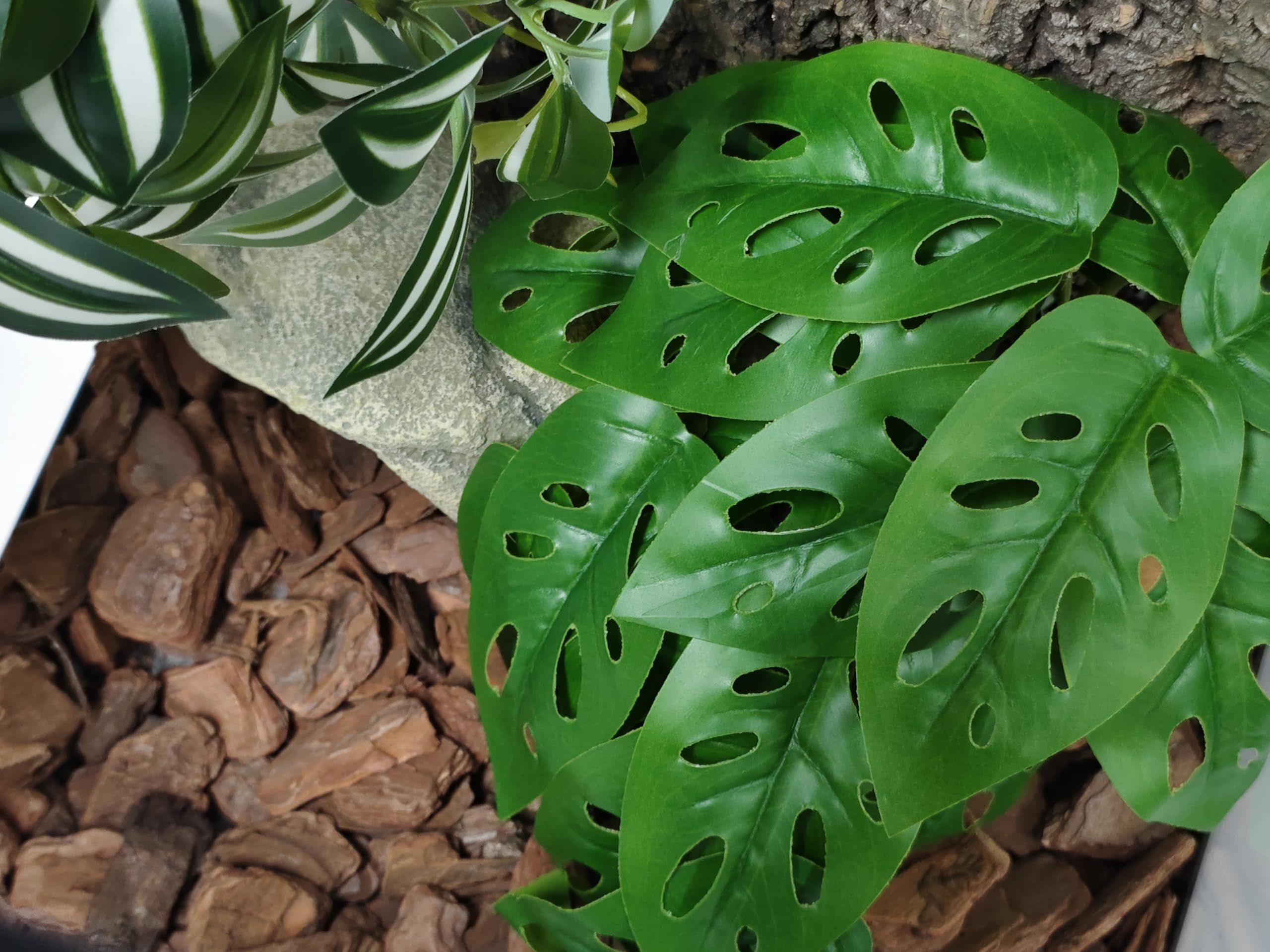 Woyrise Reptile Artificial Plants with Base, Terrarium Decor Amphibian Habitat Plant, Bearded Dragon Tank Accessories fit Gecko Lizard Chameleon Snake Frog - Monstera Adansonni