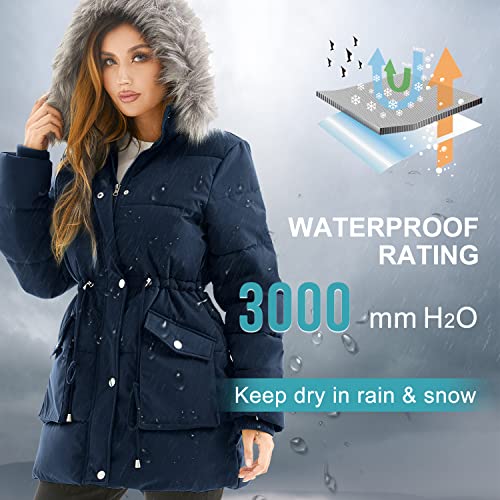 poonyfesh Women's Winter Hooded Coat Waterproof Down Long Jacket Warm Parka Thicken Puffer Coat with Removable Fur Hood Navy 3XL