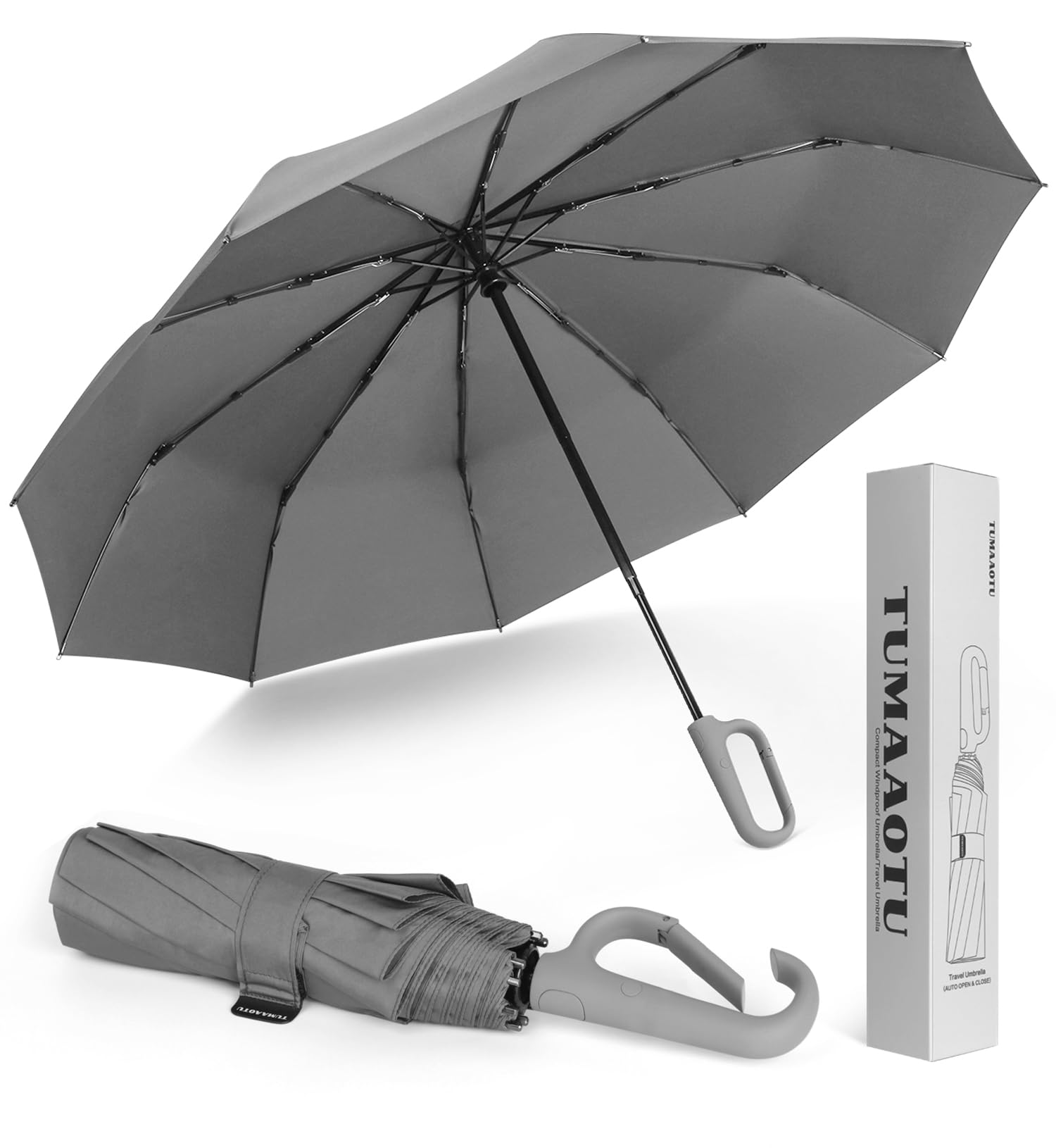 TUMAAOTU Compact Travel Umbrella, Grey, 14 in Length, 40 in Diameter, 10 Fiberglass Ribs, Waterproof, Easy to Carry