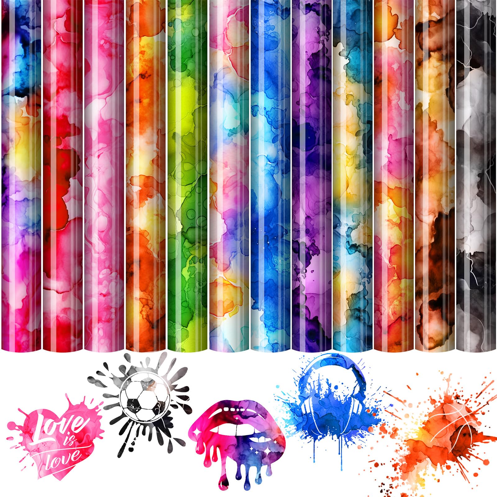 Souarts Watercolor Pattern HTV Heat Transfer Vinyl Bundle 12 Sheets Camo Ink Pattern Iron on Vinyl PU Tie Dye Print HTV for T-Shirts Clothes Bags Hats