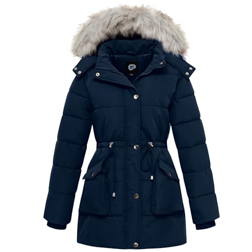 poonyfesh Women's Winter Hooded Coat Waterproof Down Long Jacket Warm Parka Thicken Puffer Coat with Removable Fur Hood Navy 3XL