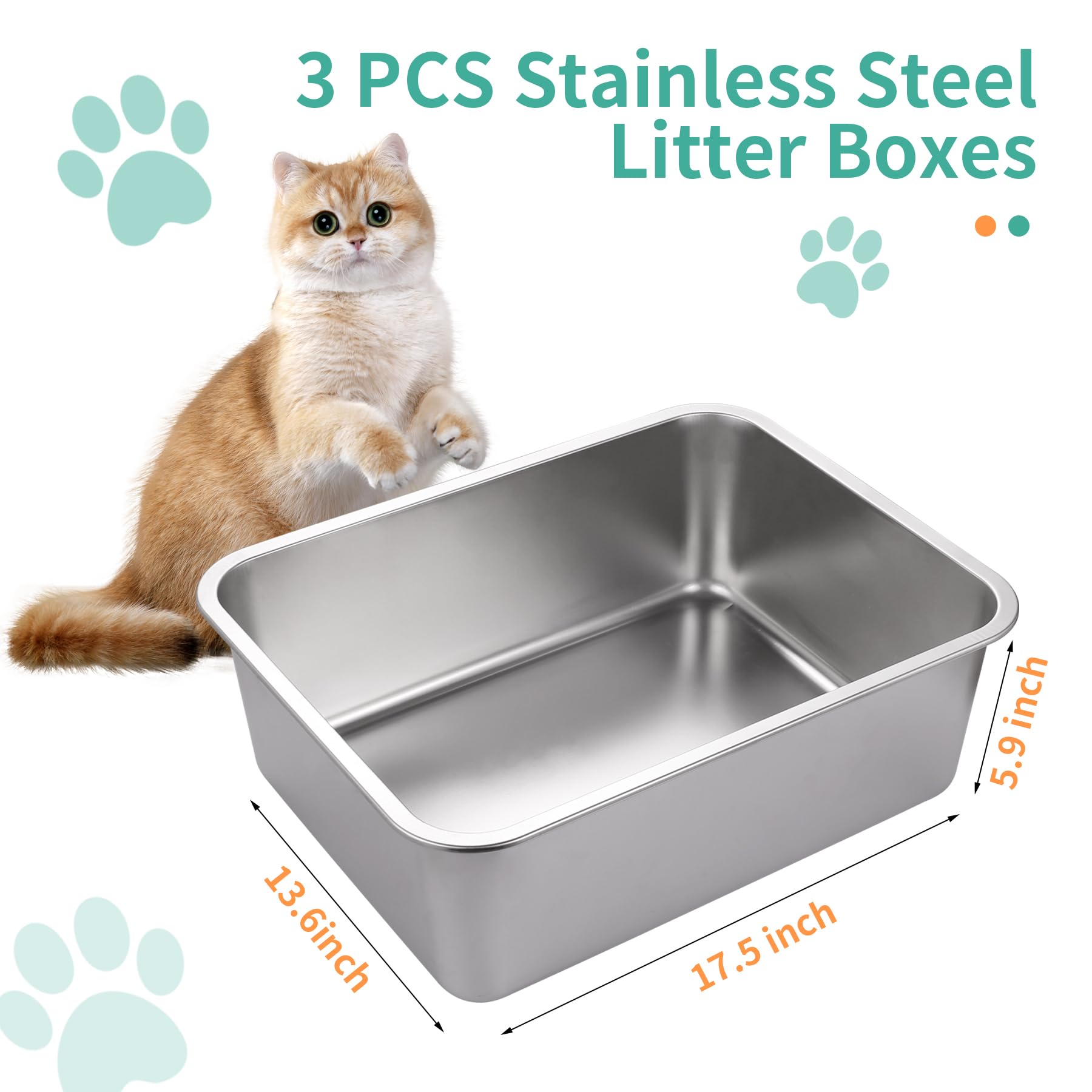 Vehipa 3 Set Stainless Steel Litter Boxes Large Metal Litter Boxes with Litter Box Pee Shields and Metal Cat Litter Scoops for Cats Rabbits, Non Stick Smooth Surface and Rustproof 17.5 x 13.6 x 5.9