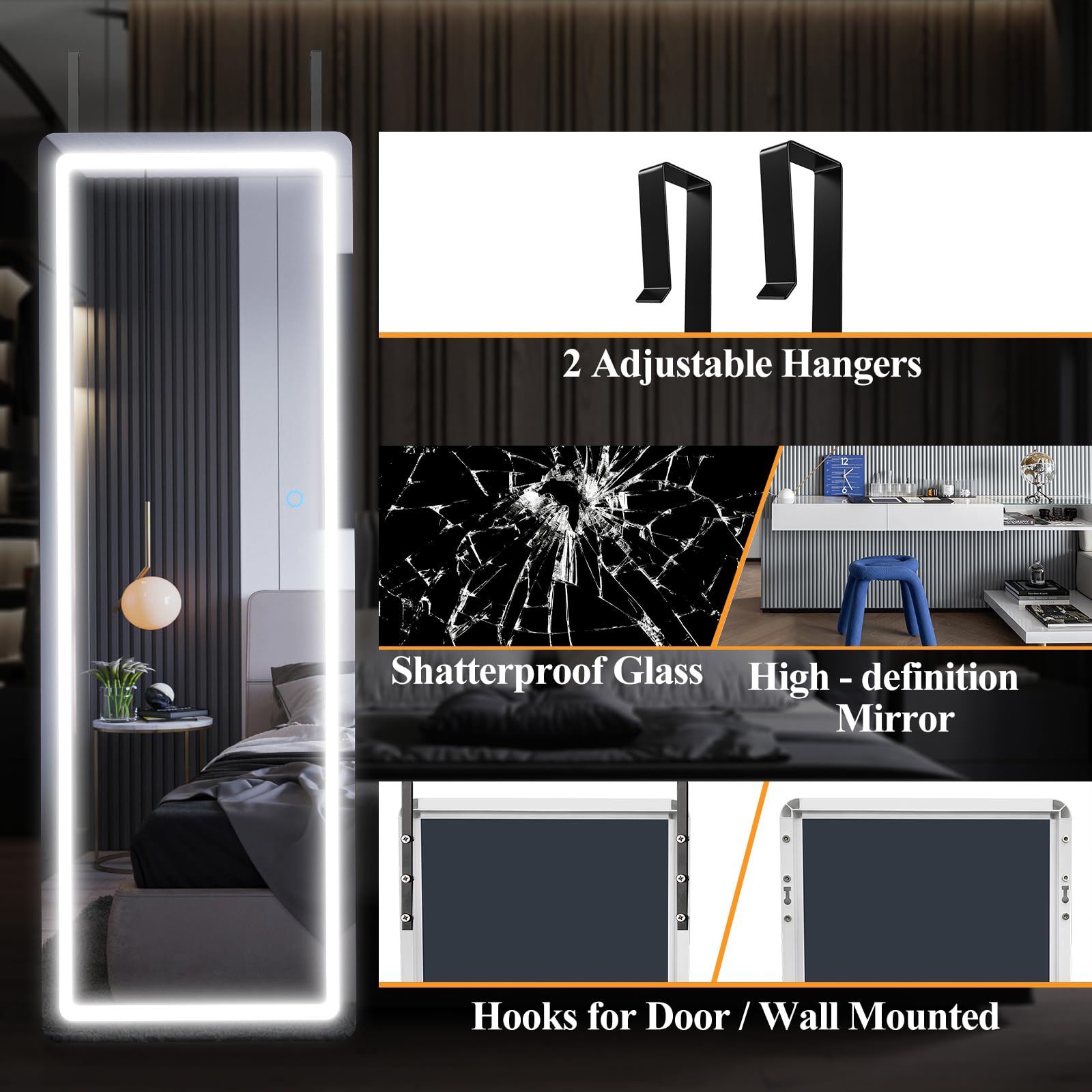 EDTEMI 39"x12" LED Lighted Wall Mounted Mirror,Over The Door Hanging Mirror,Full Body Mirror, Hanging Mirror for Bedroom Living Room Locker Room(White)