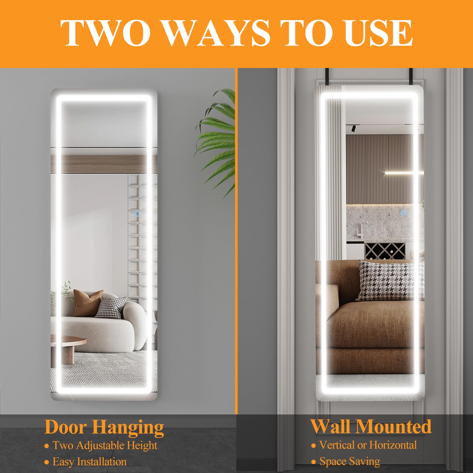 EDTEMI 39"x12" LED Lighted Wall Mounted Mirror,Over The Door Hanging Mirror,Full Body Mirror, Hanging Mirror for Bedroom Living Room Locker Room(White)