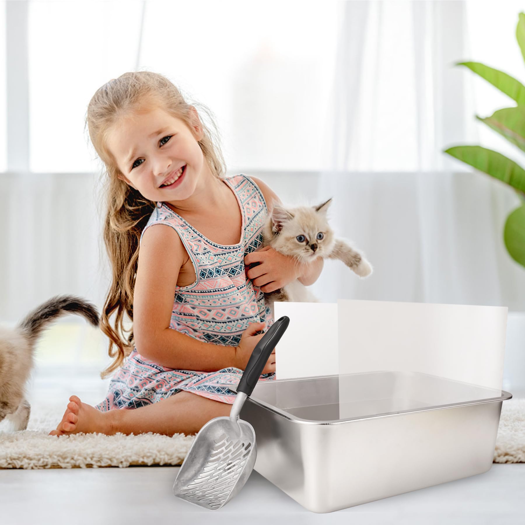 Vehipa 3 Set Stainless Steel Litter Boxes Large Metal Litter Boxes with Litter Box Pee Shields and Metal Cat Litter Scoops for Cats Rabbits, Non Stick Smooth Surface and Rustproof 17.5 x 13.6 x 5.9
