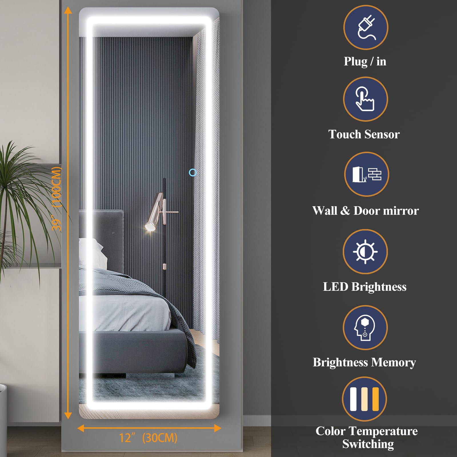 EDTEMI 39"x12" LED Lighted Wall Mounted Mirror,Over The Door Hanging Mirror,Full Body Mirror, Hanging Mirror for Bedroom Living Room Locker Room(White)