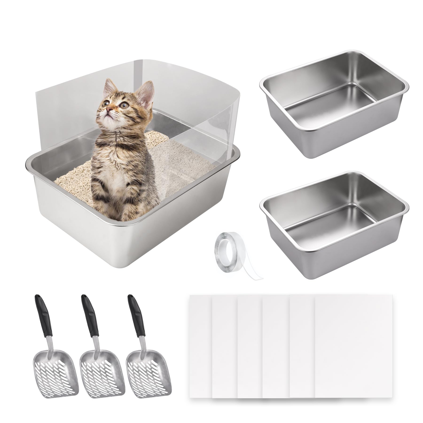 Vehipa 3 Set Stainless Steel Litter Boxes Large Metal Litter Boxes with Litter Box Pee Shields and Metal Cat Litter Scoops for Cats Rabbits, Non Stick Smooth Surface and Rustproof 17.5 x 13.6 x 5.9