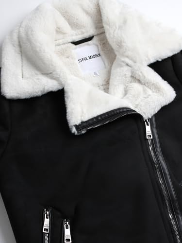 Steve Madden Women's Winter Coat - Faux Leather Moto Biker Jacket - Faux Shearling Lined Heavyweight Jacket for Women, S-XL, Size Medium, Black
