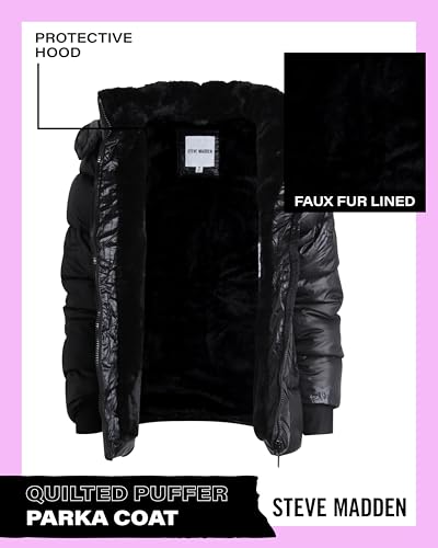 Steve Madden Women's Winter Jacket - Heavyweight Quilted Puffer Parka Coat - Faux Fur Lined Outerwear Jacket for Women (S-XL), Size Medium, Black