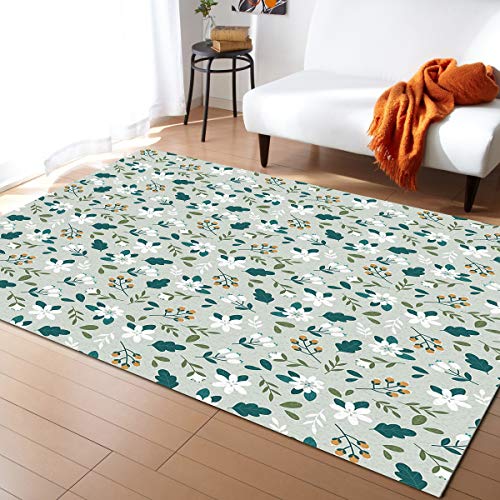 Area Rugs for Living Room, White Flowers Green Background Modern Indoor Anti-Fading Doormat Entryway Mat Door Mat for Hallway, Kitchen, Bedroom, Area Carpet Decor 2'7"x5'