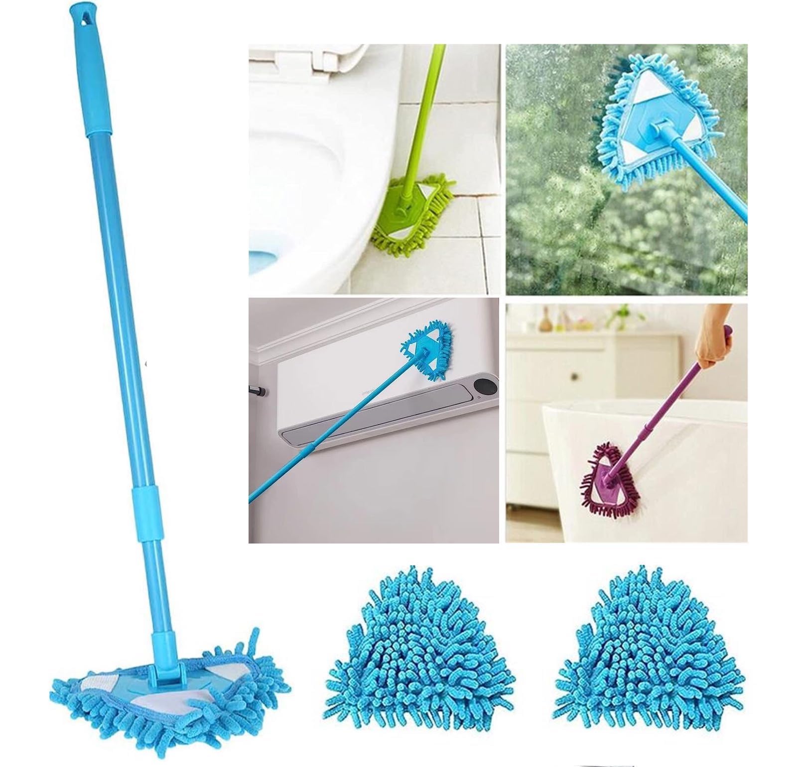 180° Rotatable Adjustable Triangle Cleaning Mop, Wet and Dry Mop with Extendable Long Handle, Cleaning Mop with 2 Reusable Mop Heads for Bathroom Floor Wall Sofa Bed Bottom (Blue)