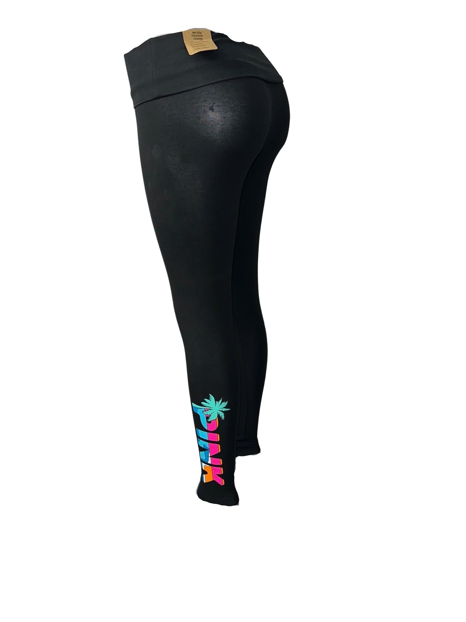 Victoria's Secret Pink Active Foldover Full Length Cotton Legging Color Black Tropical New (as1, Alpha, x_l, Regular, Regular)