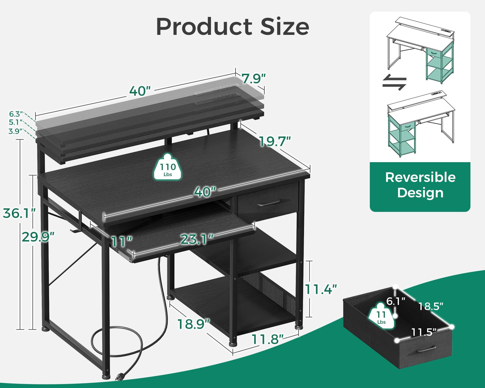 AODK Small Computer Desk with Keyboard Tray, 40 Inch Gaming Desk with Power Outlet, Office Desk with Drawer, Reversible Desk with Adjustable Monitor Shelf and Storage Shelf for Home Office, Black