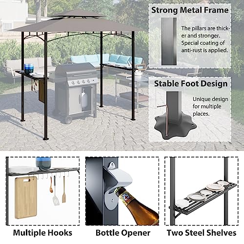TRIPLE TREE 8 x 5 FT Grill Pergola Tent with Air Vent,Double Tiered Outdoor BBQ Gazebo with 2 Side Shelves,10 Hooks,Bottle Opener,Outdoor Barbecue Canopy for Patio,Garden,Beach,Backyard,Gray