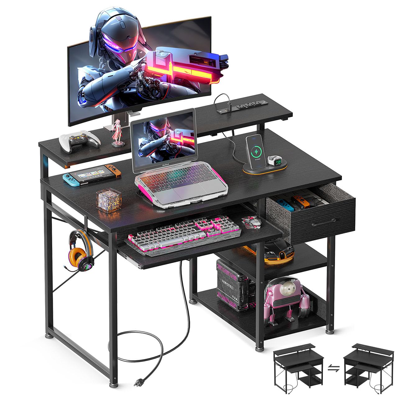 AODK Small Computer Desk with Keyboard Tray, 40 Inch Gaming Desk with Power Outlet, Office Desk with Drawer, Reversible Desk with Adjustable Monitor Shelf and Storage Shelf for Home Office, Black