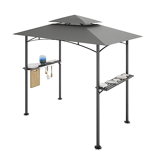 TRIPLE TREE 8 x 5 FT Grill Pergola Tent with Air Vent,Double Tiered Outdoor BBQ Gazebo with 2 Side Shelves,10 Hooks,Bottle Opener,Outdoor Barbecue Canopy for Patio,Garden,Beach,Backyard,Gray