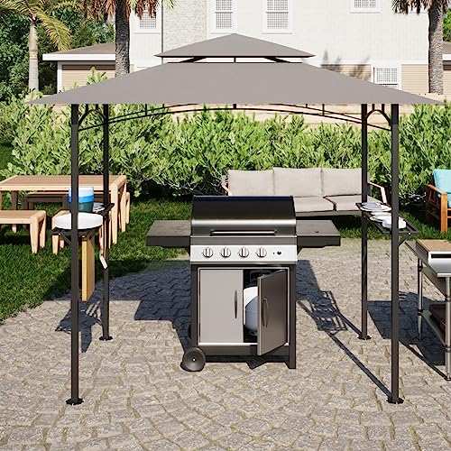 TRIPLE TREE 8 x 5 FT Grill Pergola Tent with Air Vent,Double Tiered Outdoor BBQ Gazebo with 2 Side Shelves,10 Hooks,Bottle Opener,Outdoor Barbecue Canopy for Patio,Garden,Beach,Backyard,Gray