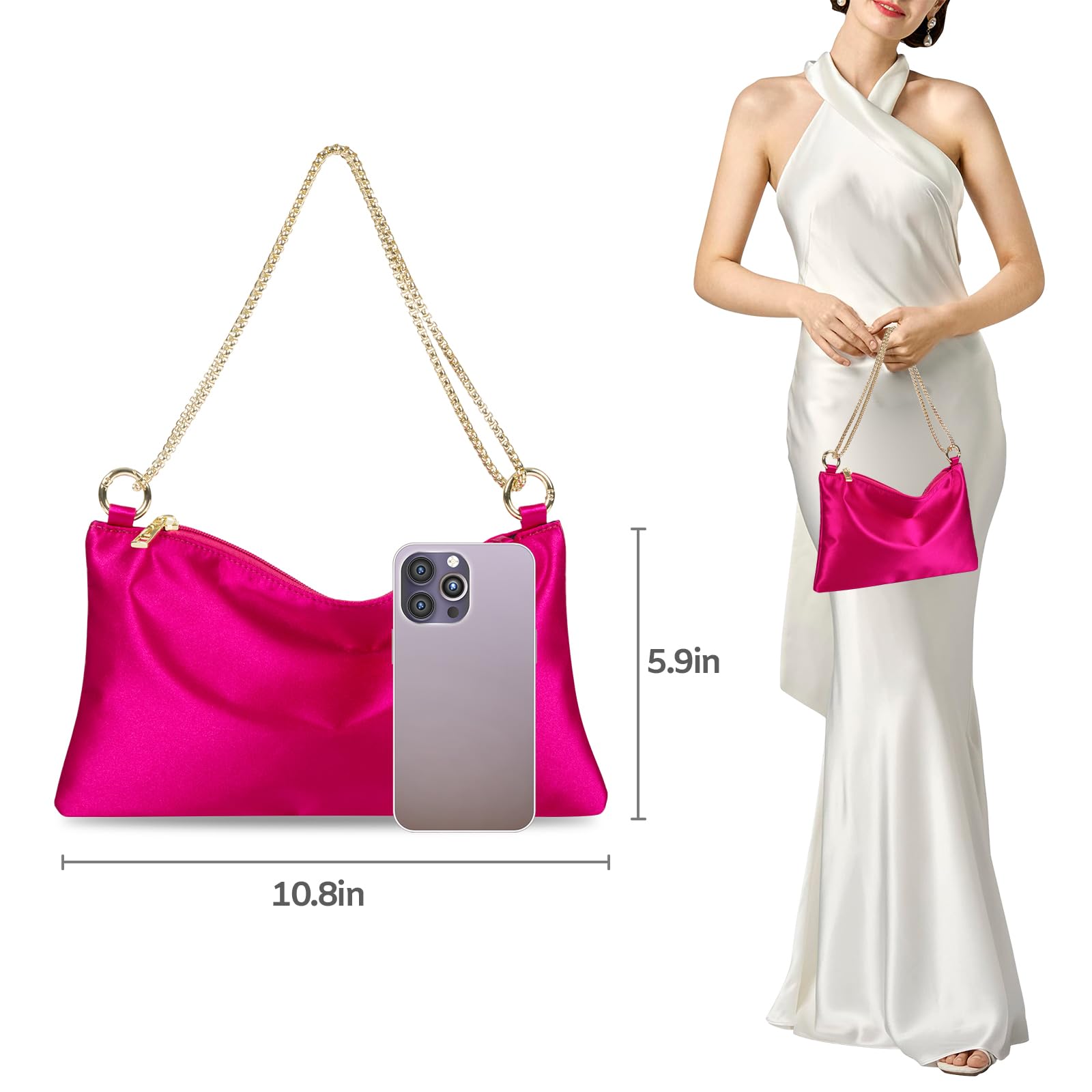 MGBPEI Women Satin Evening Handbag Wedding Prom Clutch Purse Formal Cocktail Party Clutches Shoulder Bag with 2 Bag Chains(Hot Pink)