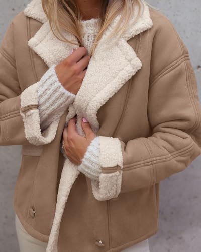 PRETTYGARDEN Womens 2024 Winter Suede Coats Fleece Sherpa Lined Jacket Faux Fur Lapel Pockets Warm Fall Fashion Outerwear (Camel,X-Large)