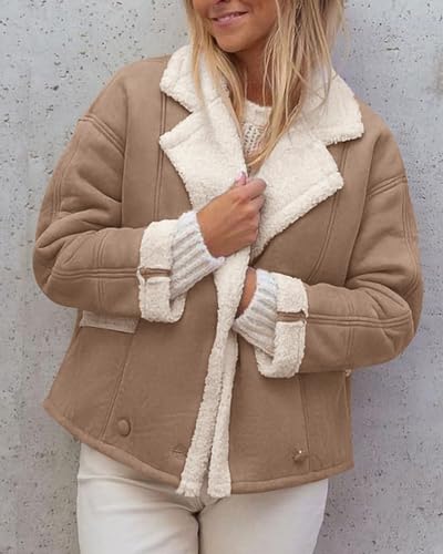 PRETTYGARDEN Womens 2024 Winter Suede Coats Fleece Sherpa Lined Jacket Faux Fur Lapel Pockets Warm Fall Fashion Outerwear (Camel,X-Large)