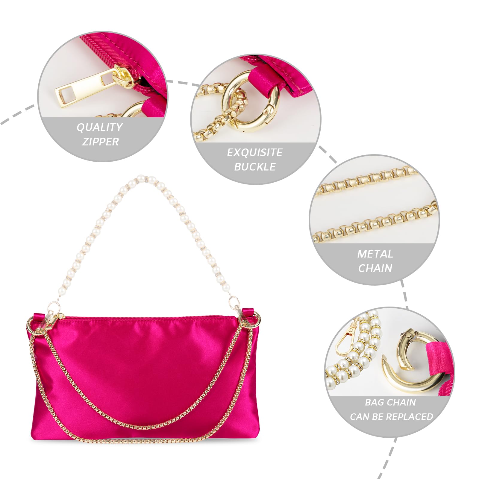 MGBPEI Women Satin Evening Handbag Wedding Prom Clutch Purse Formal Cocktail Party Clutches Shoulder Bag with 2 Bag Chains(Hot Pink)