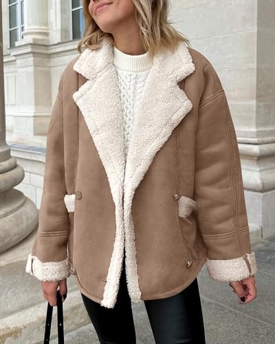 PRETTYGARDEN Womens 2024 Winter Suede Coats Fleece Sherpa Lined Jacket Faux Fur Lapel Pockets Warm Fall Fashion Outerwear (Camel,X-Large)