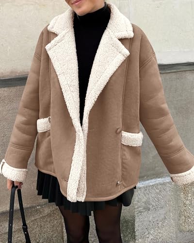 PRETTYGARDEN Womens 2024 Winter Suede Coats Fleece Sherpa Lined Jacket Faux Fur Lapel Pockets Warm Fall Fashion Outerwear (Camel,X-Large)