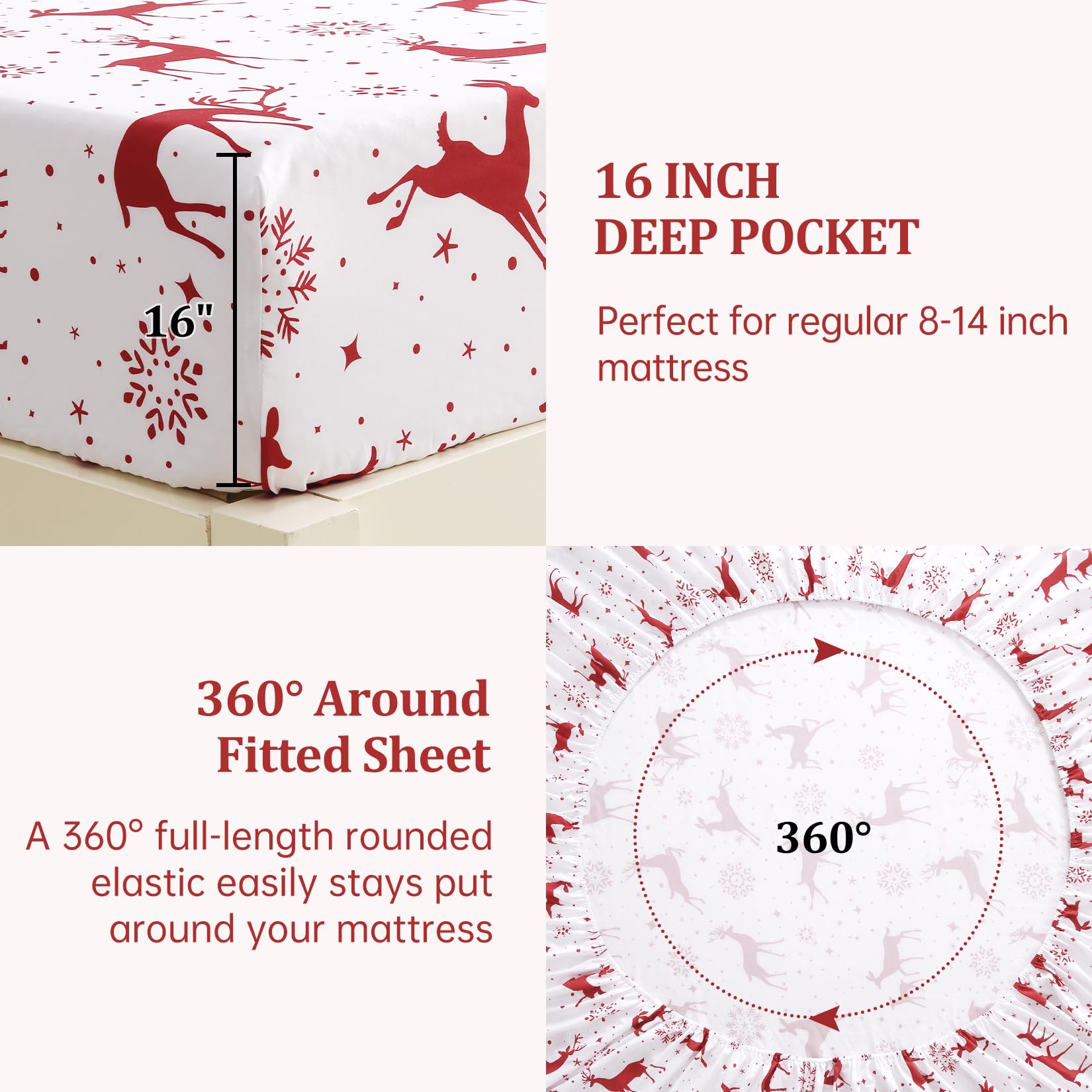 CAROMIO Christmas Sheets Twin, Soft Brushed Microfiber Bed Sheet Set, 16 Inches Deep Pocket Fitted Sheet Winter Holiday Sheets Set (Red Reindeer, Twin)