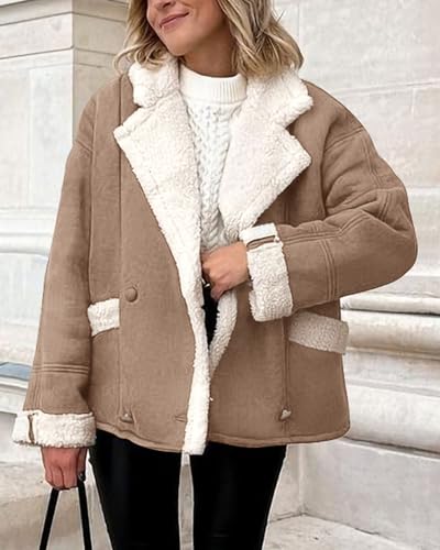 PRETTYGARDEN Womens 2024 Winter Suede Coats Fleece Sherpa Lined Jacket Faux Fur Lapel Pockets Warm Fall Fashion Outerwear (Camel,X-Large)
