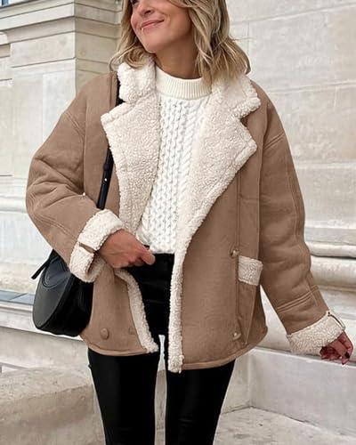 PRETTYGARDEN Womens 2024 Winter Suede Coats Fleece Sherpa Lined Jacket Faux Fur Lapel Pockets Warm Fall Fashion Outerwear (Camel,X-Large)