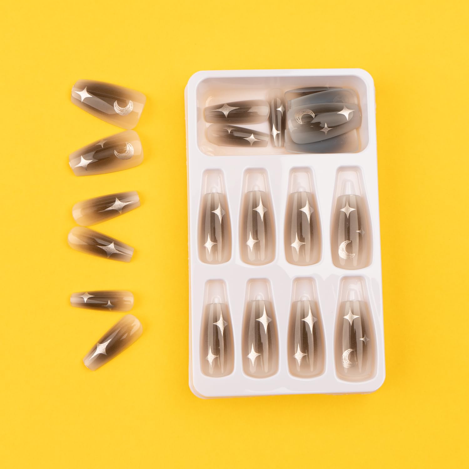 24Pcs Black Press on Nails Long Star Moon Fake Nails Full Cover Luxurious Acrylic Nails Glue on Nails Glossy Gradient False Nails Stick on Nails for Women
