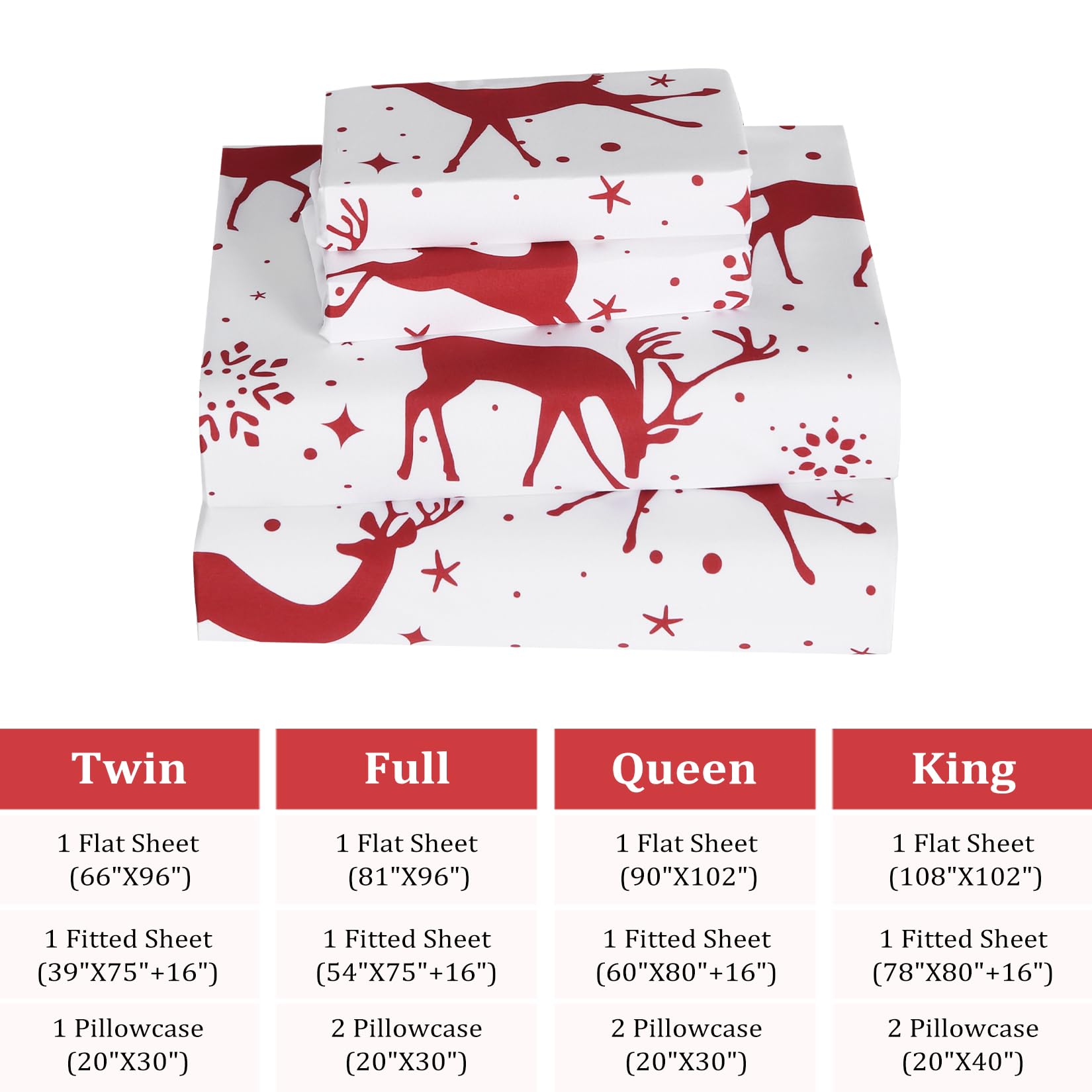 CAROMIO Christmas Sheets Twin, Soft Brushed Microfiber Bed Sheet Set, 16 Inches Deep Pocket Fitted Sheet Winter Holiday Sheets Set (Red Reindeer, Twin)