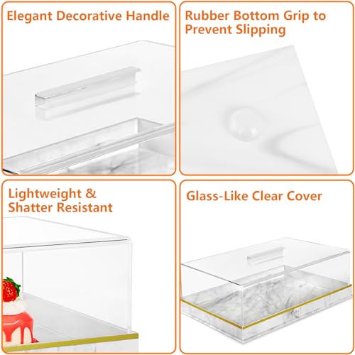 Acrylic Cake Tray with Lid, 15"x9"x4.7" Rectangle Cake Box, Dessert Holder Tray, Marble Cake Stand with Cover,Serving Tray with Lid for Party, Home and Kitchen,Veggie Tray, Fruit Bowl (White)