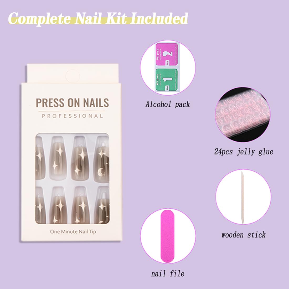 24Pcs Black Press on Nails Long Star Moon Fake Nails Full Cover Luxurious Acrylic Nails Glue on Nails Glossy Gradient False Nails Stick on Nails for Women