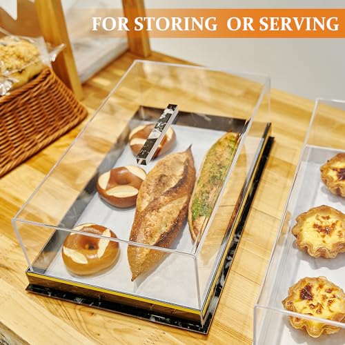 Acrylic Cake Tray with Lid, 15"x9"x4.7" Rectangle Cake Box, Dessert Holder Tray, Marble Cake Stand with Cover,Serving Tray with Lid for Party, Home and Kitchen,Veggie Tray, Fruit Bowl (White)