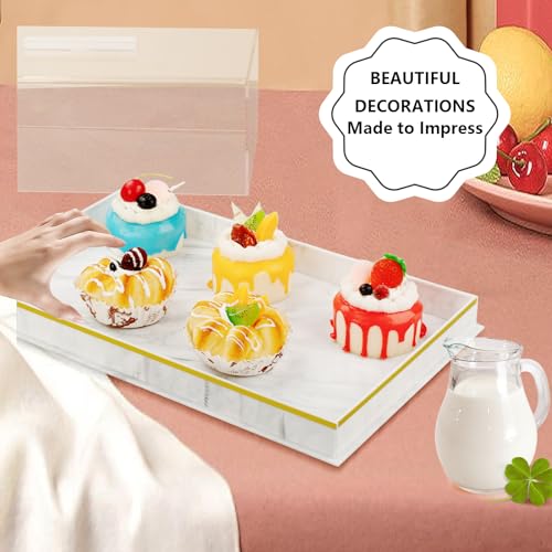 Acrylic Cake Tray with Lid, 15"x9"x4.7" Rectangle Cake Box, Dessert Holder Tray, Marble Cake Stand with Cover,Serving Tray with Lid for Party, Home and Kitchen,Veggie Tray, Fruit Bowl (White)