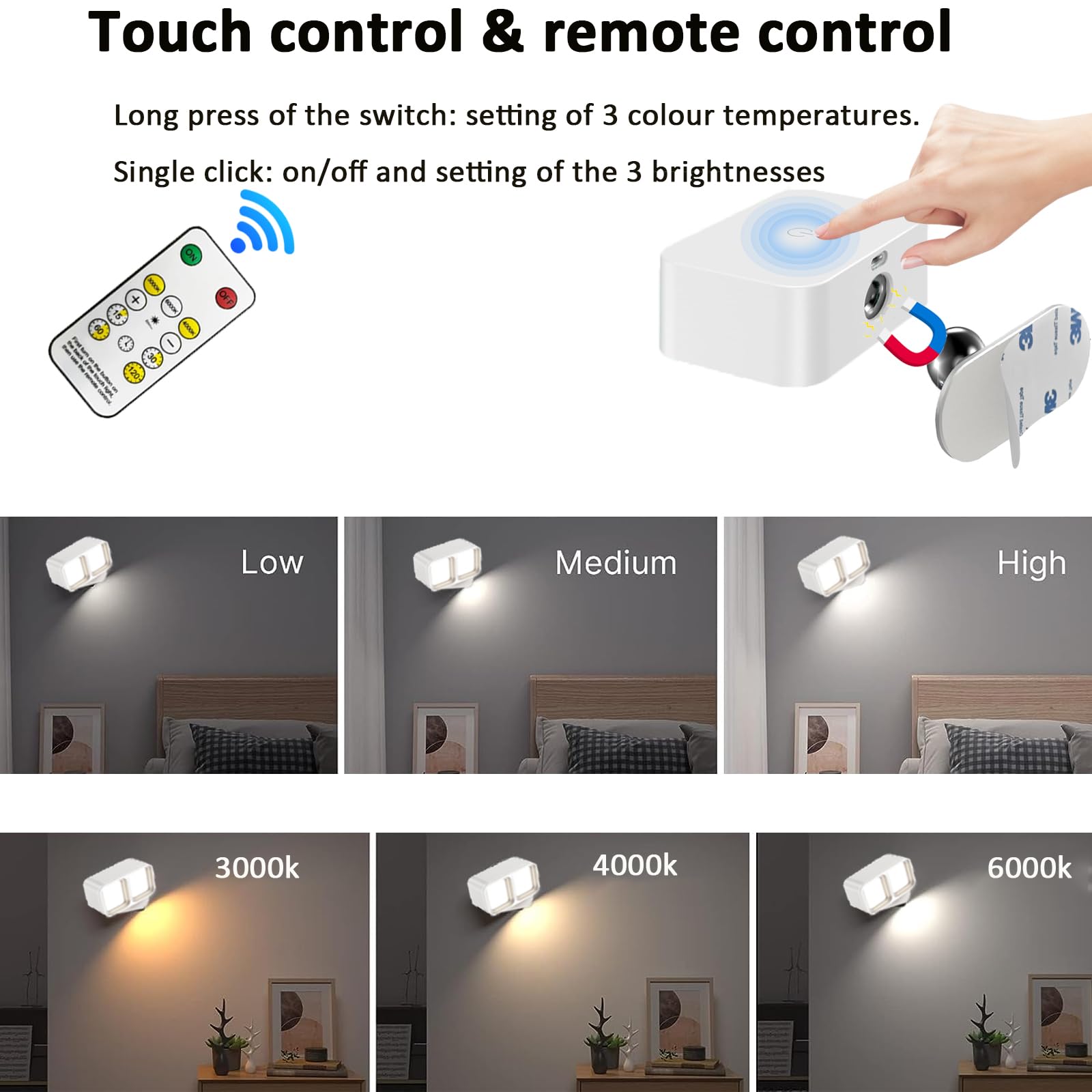 XRR LED Wall Sconce, Wall Mounted Lamps with Rechargeable Battery Operated USB Port Led Closet Light Touch&Remote Control Cordless Wall Light for Reading Bedroom Bedside(Black)