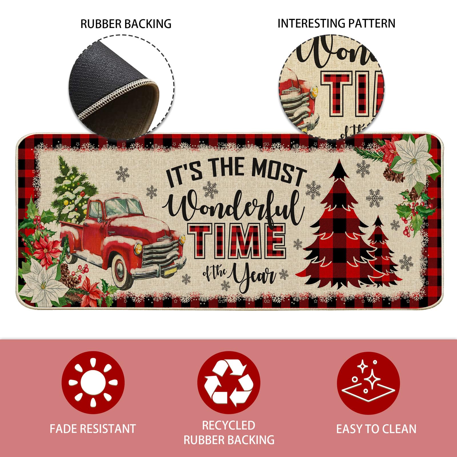 cusugbaso Christmas Kitchen Mats, Merry Christmas Kitchen Rugs Set of 2 - Red Buffalo Plaid Christmas Kitchen Decor - Truck Christmas Decorations for Bathroom,Floor,Indoor,Home 17"x27+17"x47"