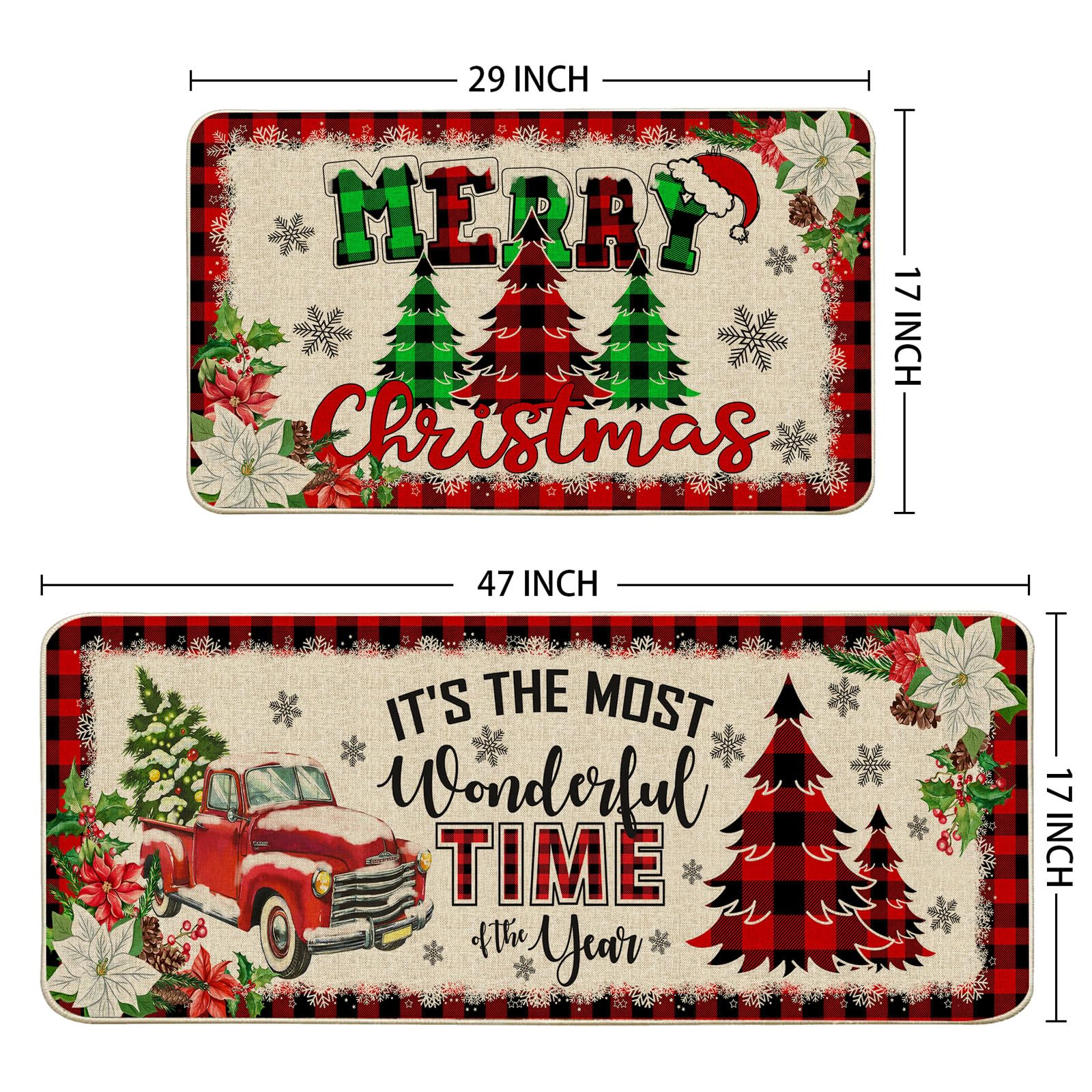 cusugbaso Christmas Kitchen Mats, Merry Christmas Kitchen Rugs Set of 2 - Red Buffalo Plaid Christmas Kitchen Decor - Truck Christmas Decorations for Bathroom,Floor,Indoor,Home 17"x27+17"x47"