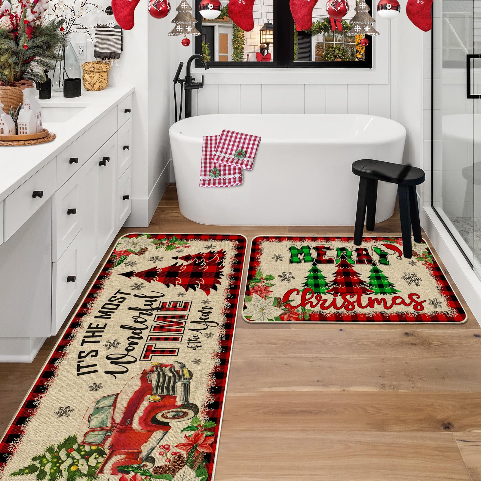 cusugbaso Christmas Kitchen Mats, Merry Christmas Kitchen Rugs Set of 2 - Red Buffalo Plaid Christmas Kitchen Decor - Truck Christmas Decorations for Bathroom,Floor,Indoor,Home 17"x27+17"x47"