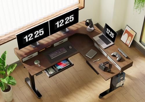 INNOVAR Triple Motor L Shaped Standing Desk with Drawers, Solid Wood Adjustable Corner Stand Up Desk, 63" Electric Standing Desk for Home Office, Black Frame/Brown Top