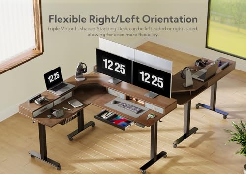 INNOVAR Triple Motor L Shaped Standing Desk with Drawers, Solid Wood Adjustable Corner Stand Up Desk, 63" Electric Standing Desk for Home Office, Black Frame/Brown Top