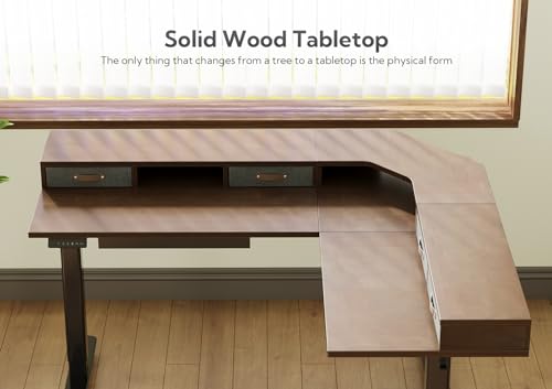 INNOVAR Triple Motor L Shaped Standing Desk with Drawers, Solid Wood Adjustable Corner Stand Up Desk, 63" Electric Standing Desk for Home Office, Black Frame/Brown Top