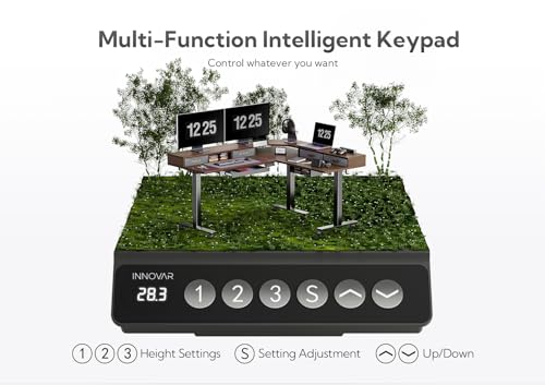 INNOVAR Triple Motor L Shaped Standing Desk with Drawers, Solid Wood Adjustable Corner Stand Up Desk, 63" Electric Standing Desk for Home Office, Black Frame/Brown Top