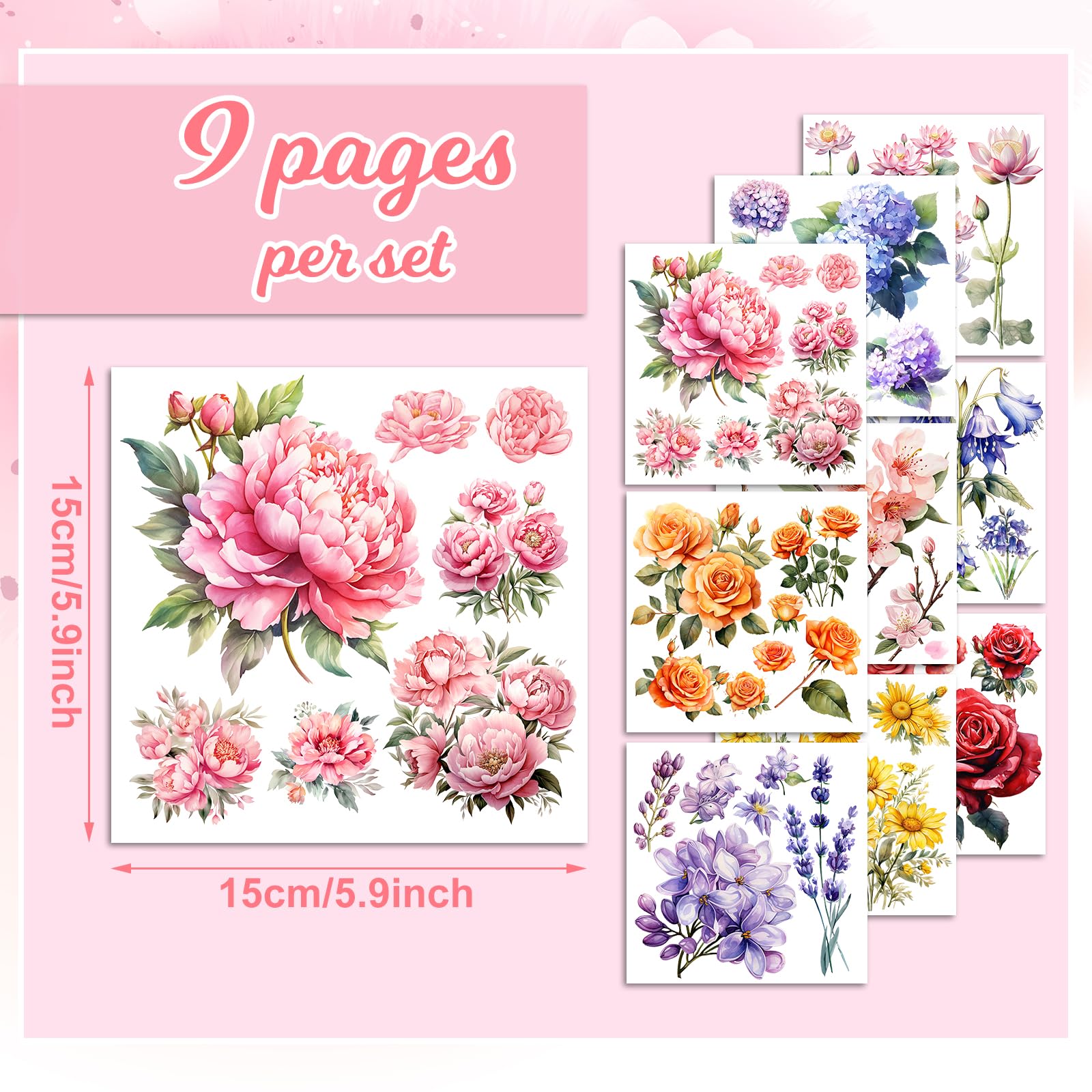 Cysincos Rub on Transfer for Crafts and Furniture,Iron on Transfers Stickers for Wood DIY Craft Supplies (Flowers-9 pcs)