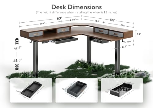 INNOVAR Triple Motor L Shaped Standing Desk with Drawers, Solid Wood Adjustable Corner Stand Up Desk, 63" Electric Standing Desk for Home Office, Black Frame/Brown Top